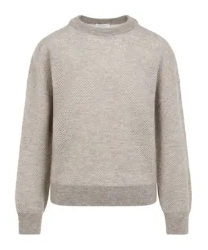 Brunello Cucinelli Crewneck Sweater With All-over Mesh Effect - Beige