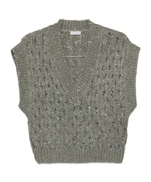 Brunello Cucinelli V-neck Cable Knit Vest With Embellishments