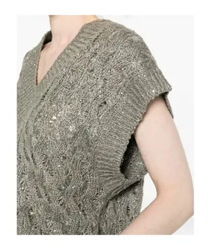 Brunello Cucinelli V-neck Cable Knit Vest With Embellishments
