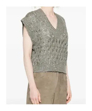 Brunello Cucinelli V-neck Cable Knit Vest With Embellishments