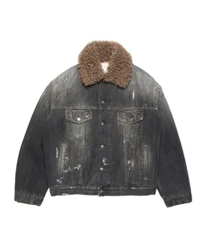 Acne Studios Distressed Denim Jacket With Faux Shearling Collar - No