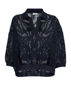 Brunello Cucinelli Open-knit Sequined Polo Knitted Top