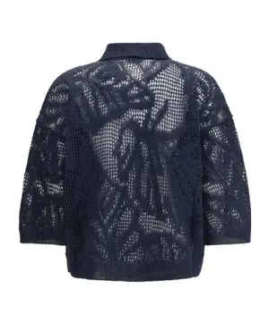 Brunello Cucinelli Open-knit Sequined Polo Knitted Top