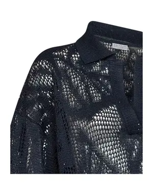 Brunello Cucinelli Open-knit Sequined Polo Knitted Top