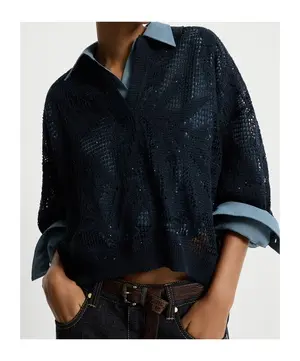 Brunello Cucinelli Open-knit Sequined Polo Knitted Top
