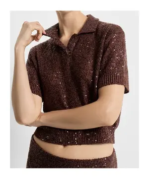 Brunello Cucinelli Sequin Embellished Knit Polo Top