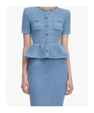 SELF-PORTRAIT Peplum Knitted Midi Dress With Diamanté Trims
