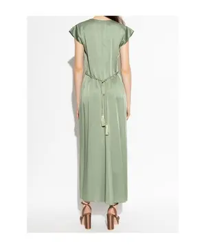 FORTE_FORTE V-neck Belted Maxi Dress With Tasseled Waist Tie And Cap Sleeves - Khaki