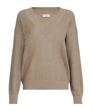 Brunello Cucinelli Ribbed Knit V-neck Sweater - Walnut