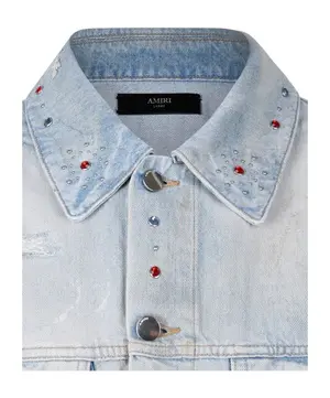 Amiri Studded Distressed Denim Jacket - Gray