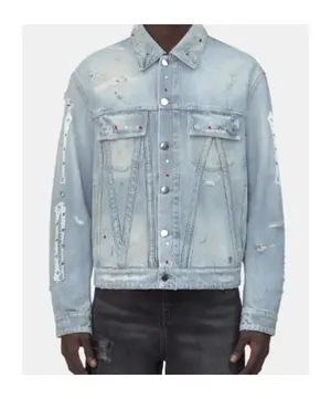 Amiri Studded Distressed Denim Jacket - Gray