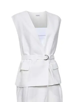 Brunello Cucinelli Sleeveless V-neck Belted Wrap Pencil Dress