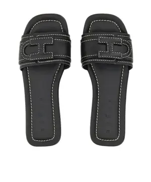 Hogan H Logo Flat Sandals With Contrast Stitching - Black