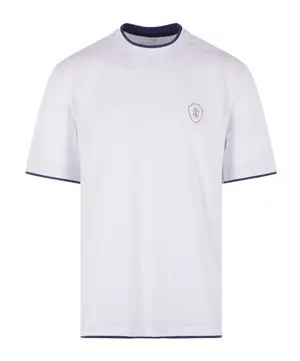 Brunello Cucinelli Comfort Nylon Crew Neck T-shirt With Faux-layering And Logo - White/blue