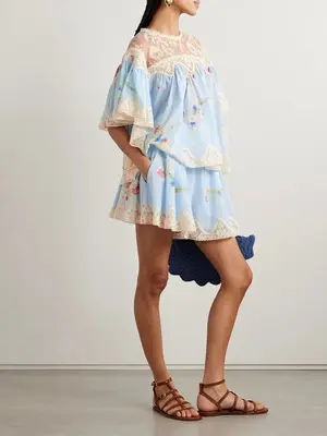 Zimmermann Lucky Printed Cotton Tulle Shorts With Lace Trim