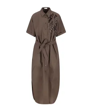 Brunello Cucinelli Embroidered Sequined Poplin Shirt Dress - Brown