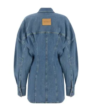 Attico Denim Dress With Extra-wide Sleeves And Contrast Stitching - Blue