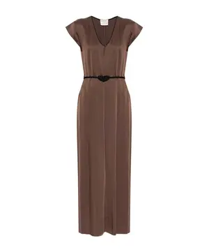 FORTE_FORTE Maxi Dress With V-neck And Tasselled Waist Tie - Chocolate-colored
