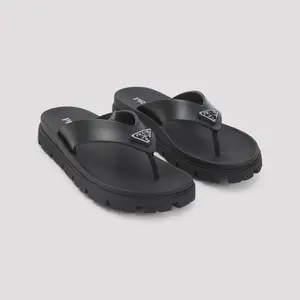 Prada Soft Cage Logo Flip Flops - Black