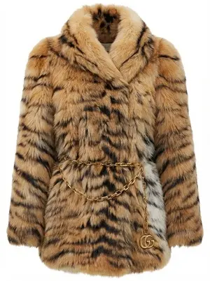 Gucci Smooth Long Shearling Coat With Gg Jacquard Lining And Detachable Chain Belt