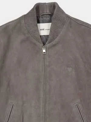AMI Paris Zip Up Bomber Jacket With Embossed Logo - Carbon Gray