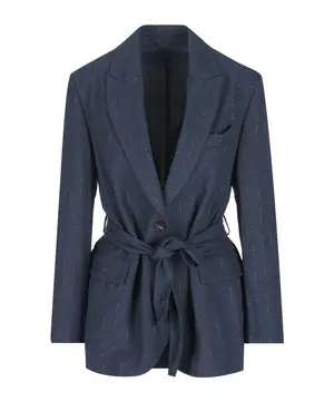 Brunello Cucinelli Belted Chalkstripe Blazer - Black
