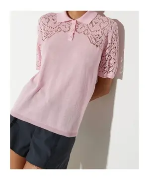 MAXCO. Max&co. Pointelle-knit Cotton Polo Shirt With Lace Details