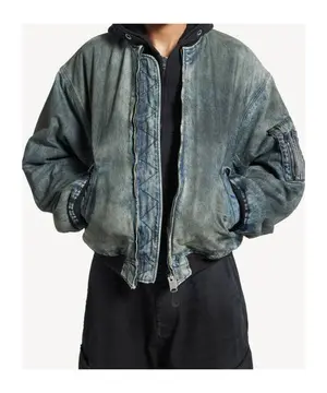 Balenciaga Oversized Zip-up Bomber Denim Jacket With 3b Artwork - Dirty Grey/light Blue