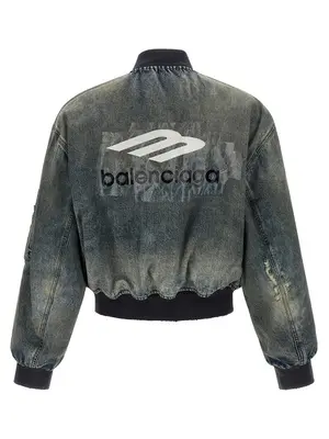 Balenciaga Oversized Zip-up Bomber Denim Jacket With 3b Artwork - Dirty Grey/light Blue