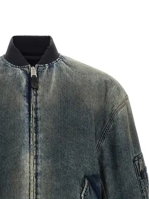 Balenciaga Oversized Zip-up Bomber Denim Jacket With 3b Artwork - Dirty Grey/light Blue