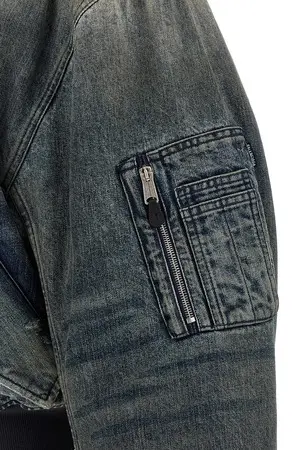 Balenciaga Oversized Zip-up Bomber Denim Jacket With 3b Artwork - Dirty Grey/light Blue