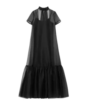 Staud Short Sleeve High Neck Ruffled Hem Maxi Dress With Tie Details - Black