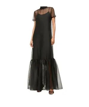 Staud Short Sleeve High Neck Ruffled Hem Maxi Dress With Tie Details - Black
