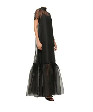 Staud Short Sleeve High Neck Ruffled Hem Maxi Dress With Tie Details - Black