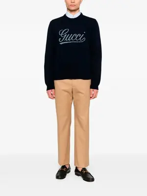 Gucci Logo Intarsia Crewneck Knitted Jumper - Dark Blue