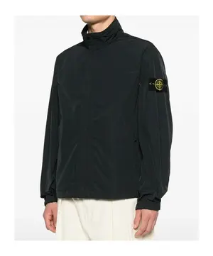 Stone Island Logo Patch High Neck Zip Up Jacket - Black