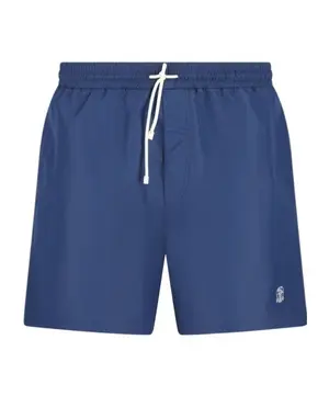 Brunello Cucinelli Logo Embroidered Drawstring Swim Shorts - Blue