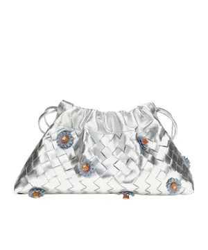 Bottega Veneta Woven Leather Drawstring Clutch With Floral Embellishments