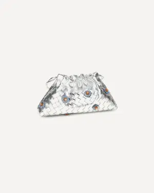 Bottega Veneta Woven Leather Drawstring Clutch With Floral Embellishments