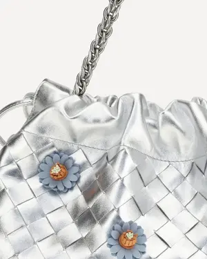 Bottega Veneta Woven Leather Drawstring Clutch With Floral Embellishments