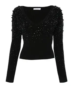 Max Mara Beaded V-neck Long Sleeve Sweater - Black