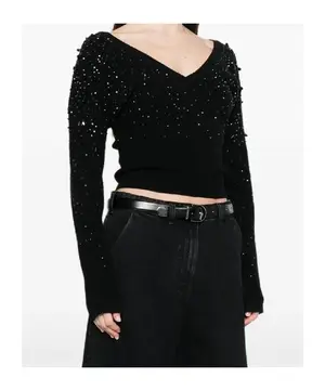 Max Mara Beaded V-neck Long Sleeve Sweater - Black