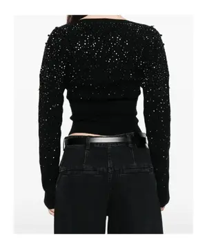Max Mara Beaded V-neck Long Sleeve Sweater - Black