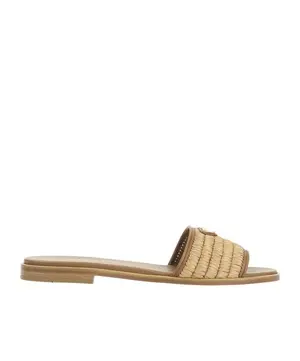 Prada Raffia Slip-on Sandals With Logo Detail - Caramel Color