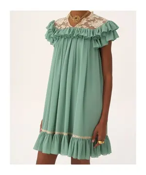 Chloé Gathered Silk Georgette Lace Mini Dress