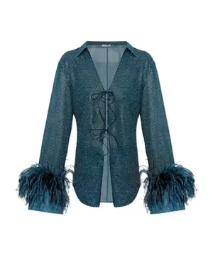 Oseree Lurex Shirt With Feather Cuffs And Front Tie