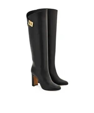 FERRAGAMO Knee High Boots With Gold Buckle Detail - Black