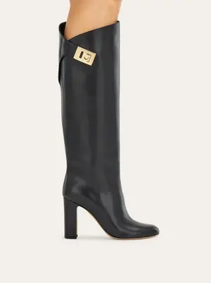 FERRAGAMO Knee High Boots With Gold Buckle Detail - Black