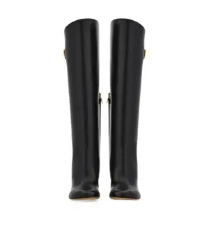 FERRAGAMO Knee High Boots With Gold Buckle Detail - Black