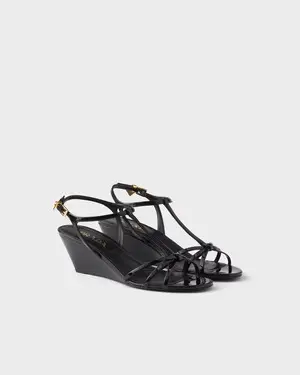 Prada Patent Leather Wedge Sandals With Buckle Fastening - Black